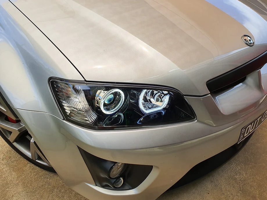 Holden VE Commodore S2 SSV Headlights with Quad round and u White Amber Halos with Optical Cover Dan s Custom Car Lights